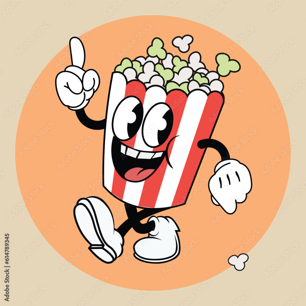 Vintage cartoon pop corn mascot, classic rubberhose style character ...