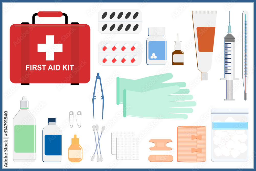 Poster Affiche Vector illustrations of First aid kit box and first aid equipment such as saline solution rubbing alcohol gauze bandages cotton