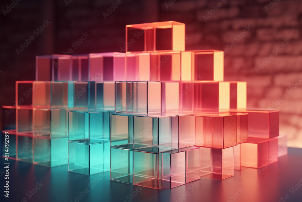 Colorful glass cubes illuminated with light and reflects colorful light ...