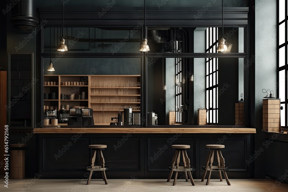 View from the front of a cafe shop, bar, bistro, or restaurant. Modern ...