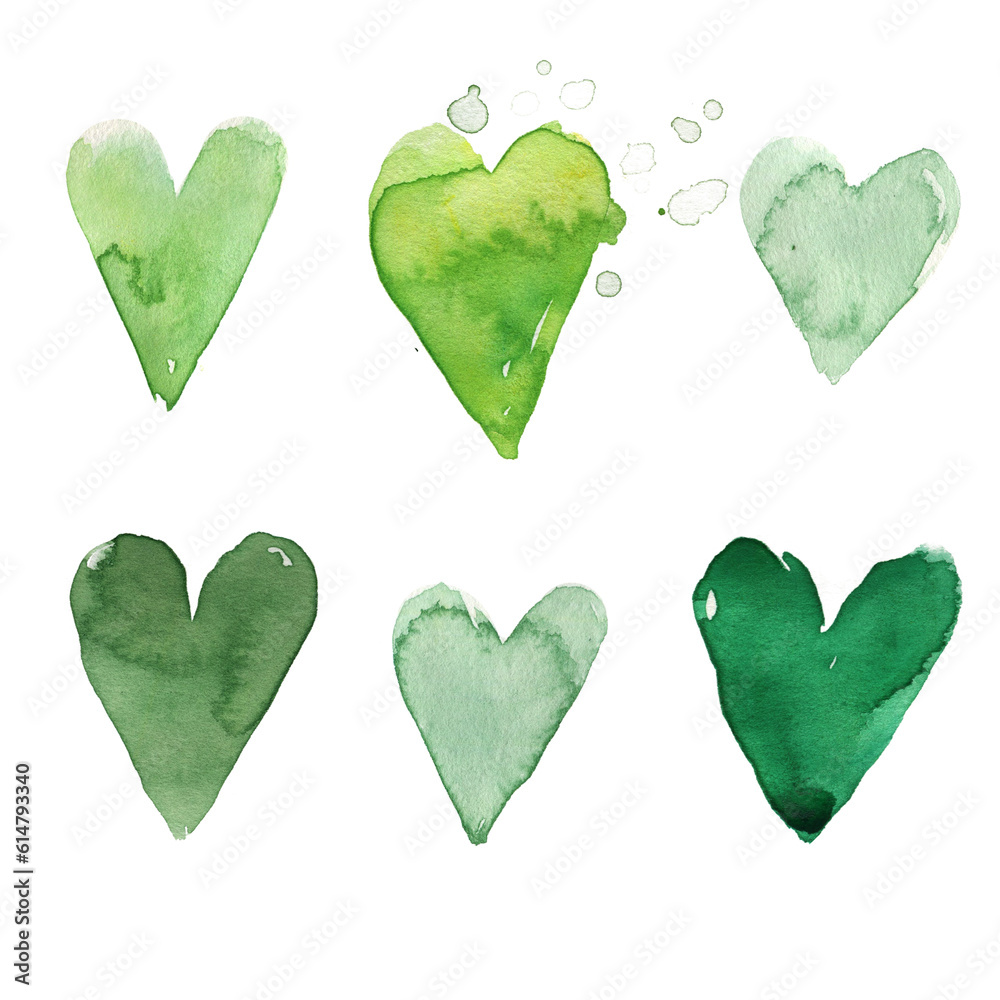 Watercolor clipart green hearts. Cute heart print. Stock Illustration ...