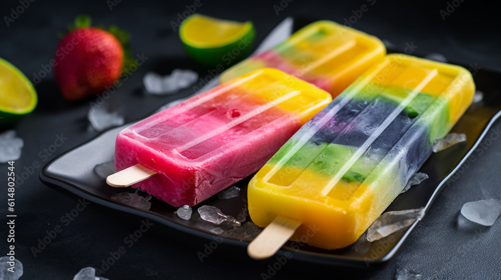 A vibrant rainbow popsicle with multiple layers of tropical fruit ...