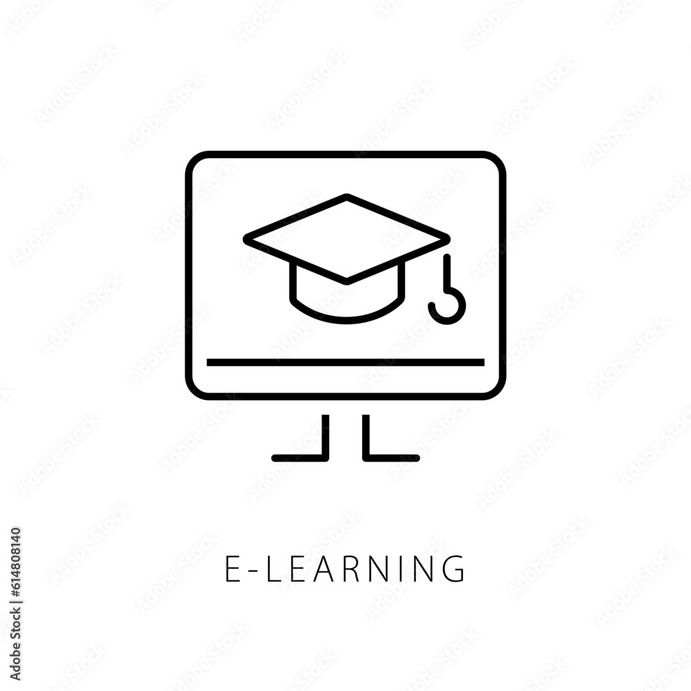 E-Learning Black and White icon outline style. Thin line E-Learning ...
