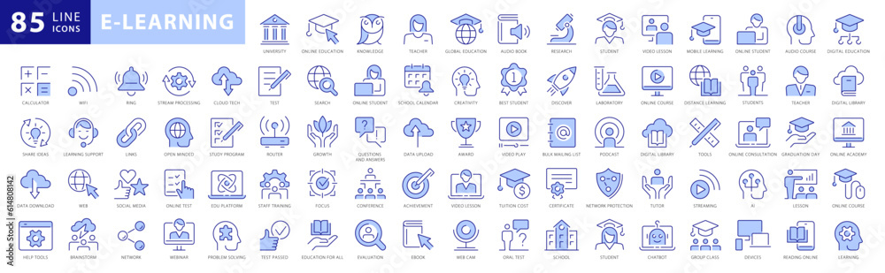 E-learning, Online Schooling and Education Icons Set. 85 E-Learning ...