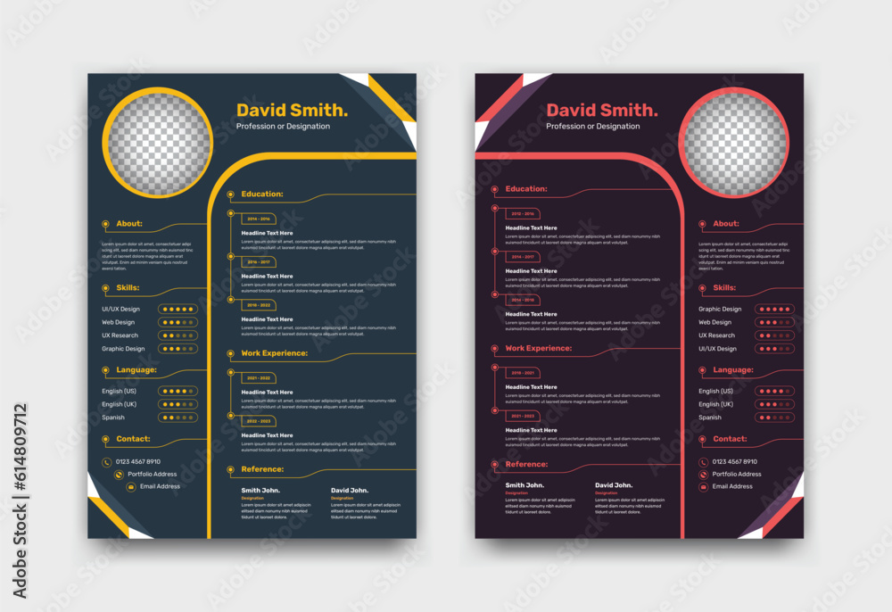 Vecteur Stock Dark curriculum vitae or resume template design with abstract shapes and image ...