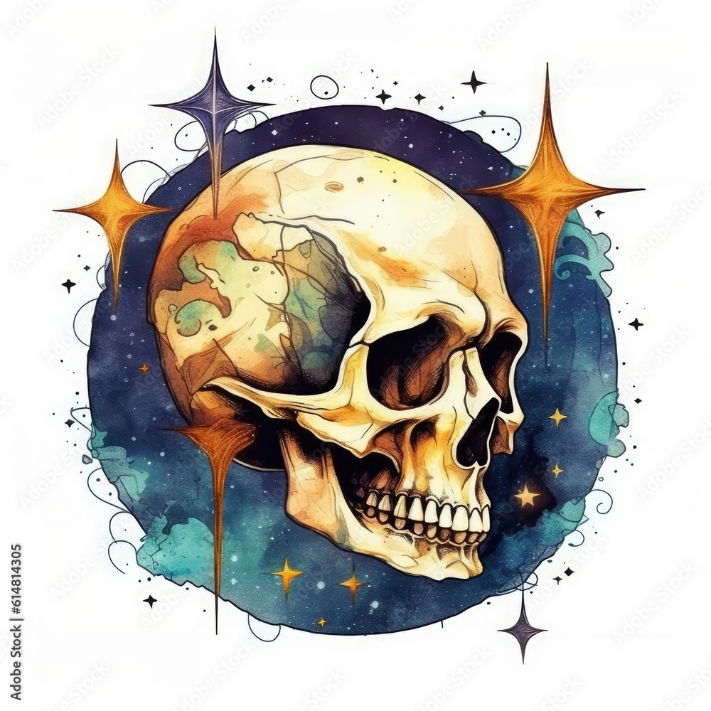 Skull and stars watercolor illustration, clipart, cute abstract art ...