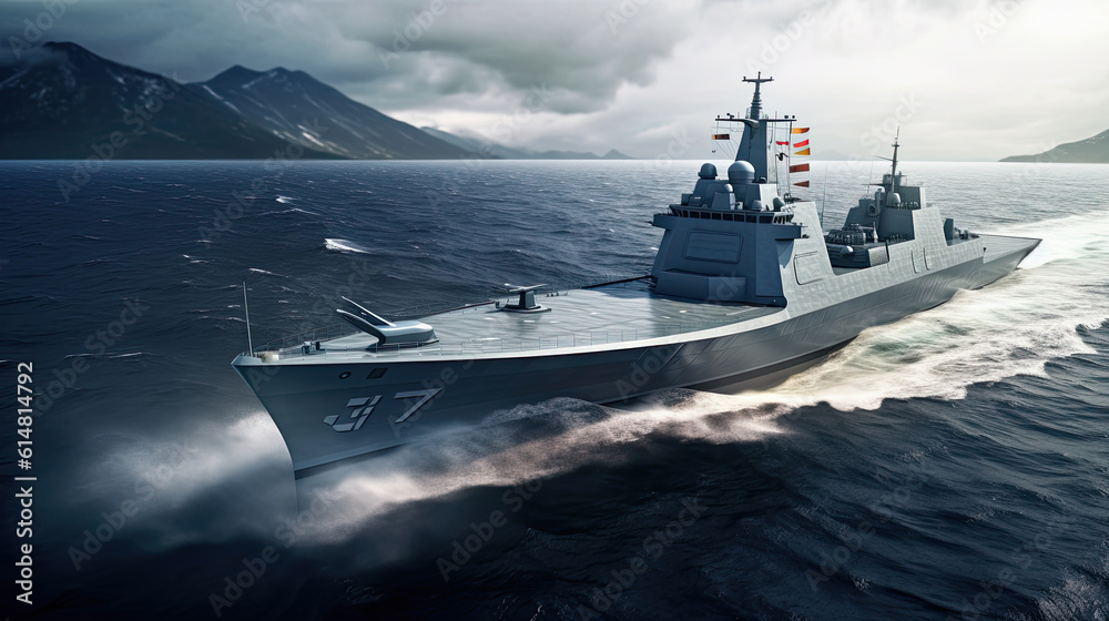 Modern stealth warship on the high seas, Stealth technology. Ship with ...