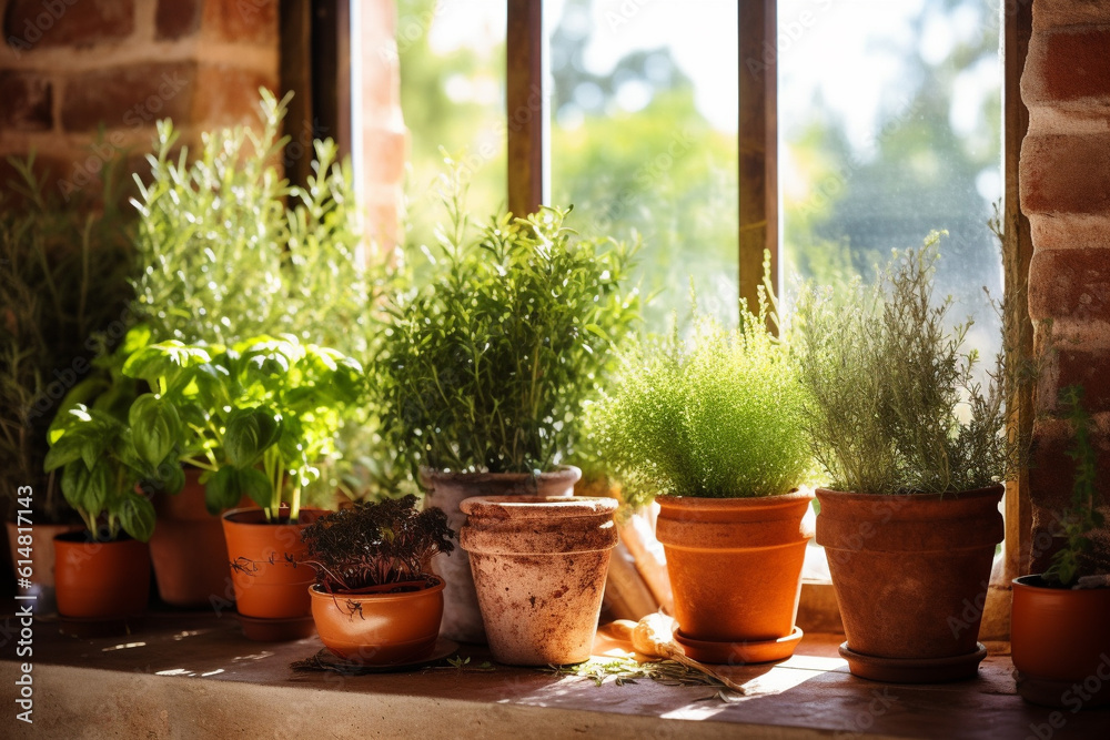 Pot plants on a window sill with the soft summer sun behind them Stock ...