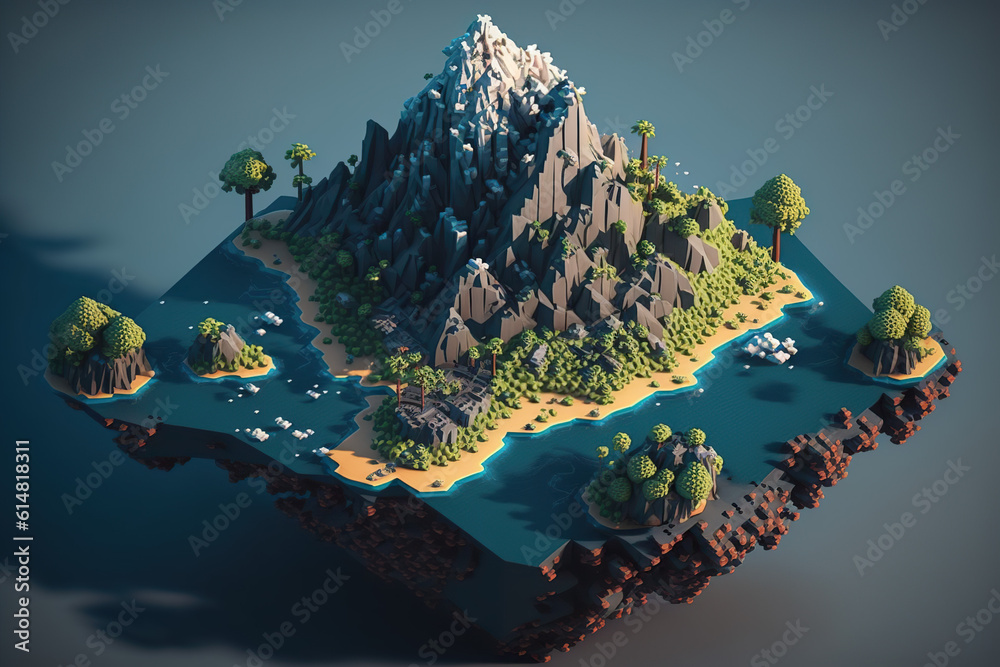 Voxel Mountain, Ocean and Trees, Sea natural view and water with river using Generative Ai ...