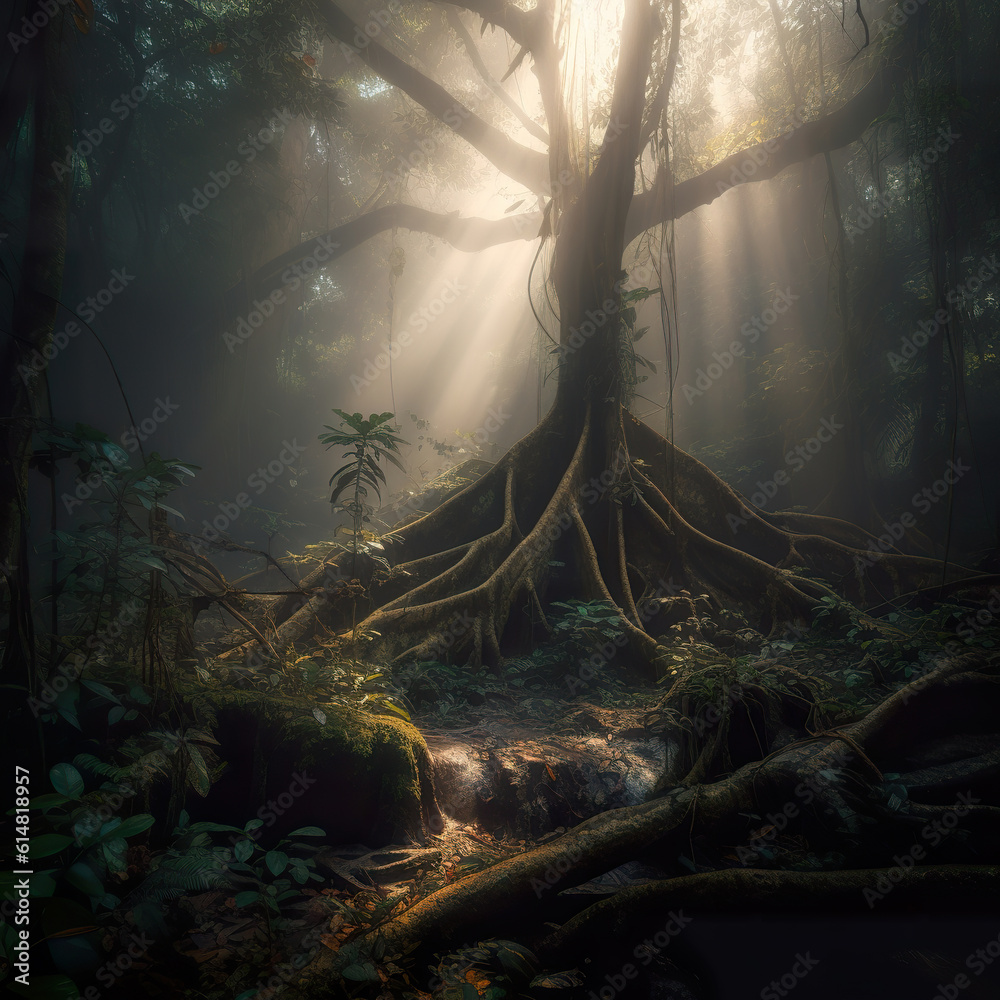 Light and shadow of banyan tree roots on the forest ground for nature ...
