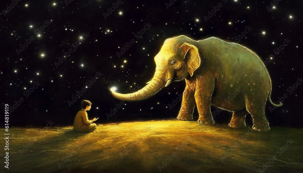 Artistic recreation of The Little Prince and the elephant in the night ...