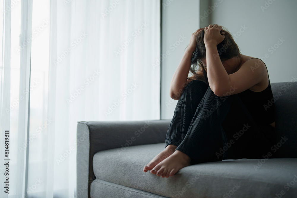 Mental health problem, Sad asian female anxiety depressed lonely in his ...