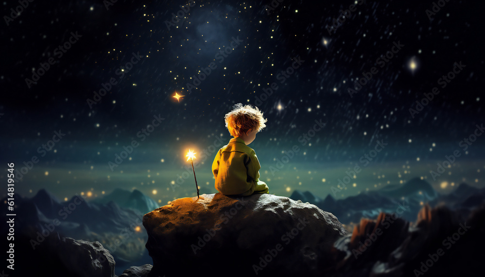 Artistic recreation of The Little Prince sit down in a high mountain ...