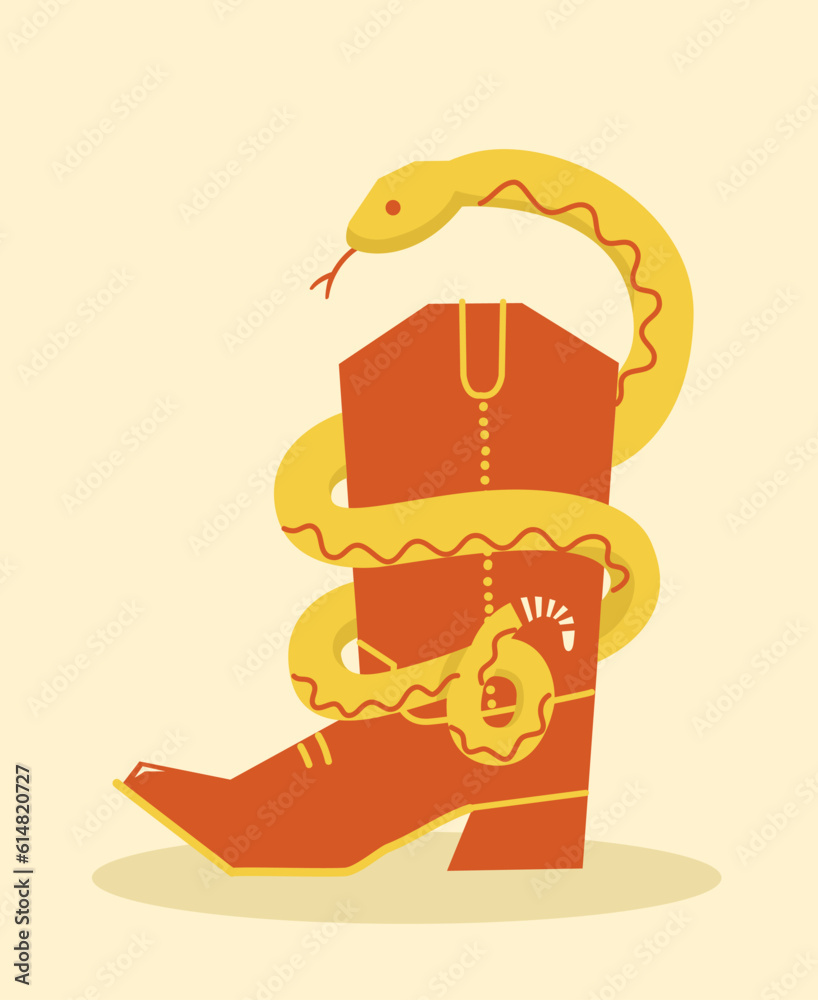 Cowboy boot and snake on old paper background. Vector cartoon wild west ...
