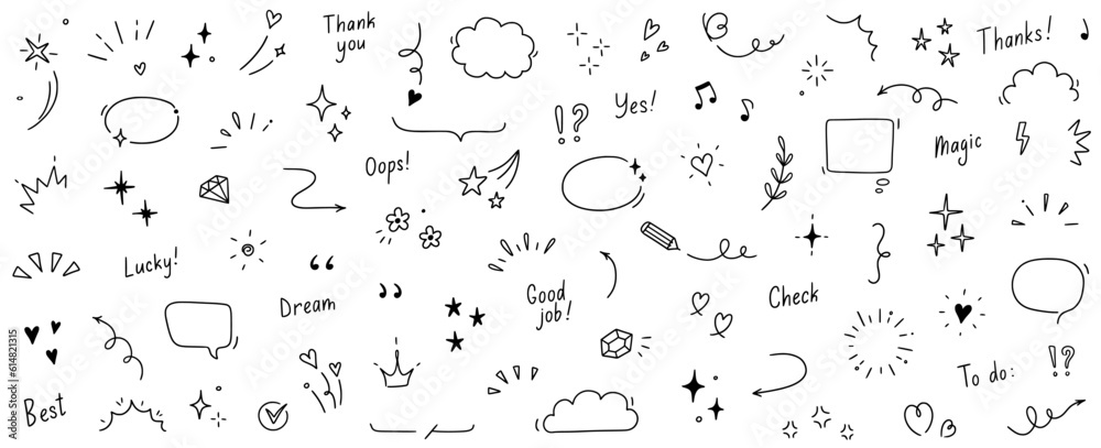 Doodle cute star, sparkle pen line elements. Doodle heart, emphasis ...