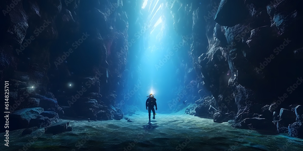 Scuba deep sea diver swimming in a deep ocean cavern . Underwater ...