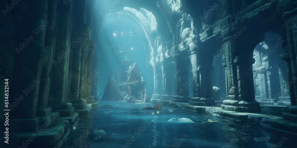 Underwater ocean ruins. Lost City of Atlantis. Crumbling deep sea ...