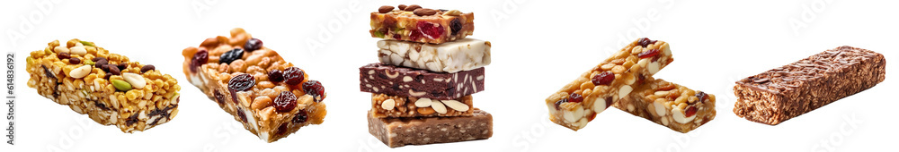 Set with different delicious granola protein bars on transparent ...