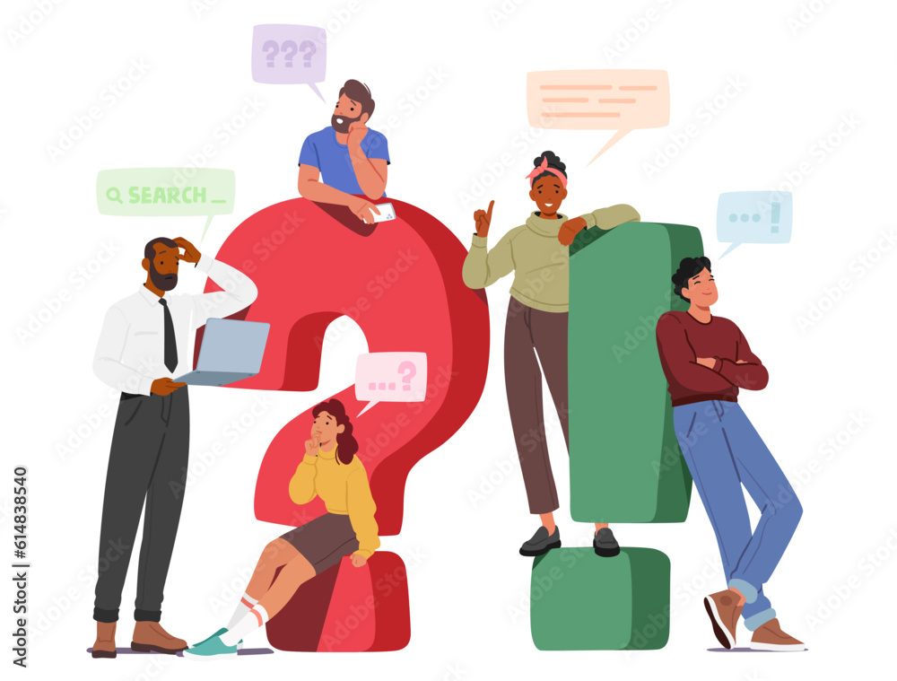 Perplexed Characters Standing at Huge Question And Exclamation Signs ...