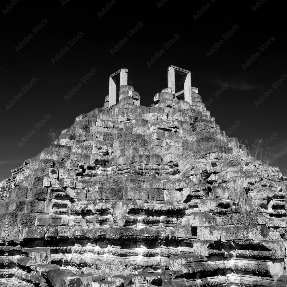 Skyward view of an ancient stone pyramid top from Cambodia, a medieval ... Skyward view of an ancient stone pyramid top from Cambodia, a medieval ...