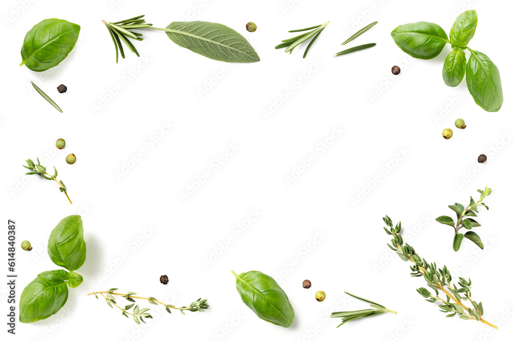 frame / border made of loosely spread mediterranean herbs isolated over ...