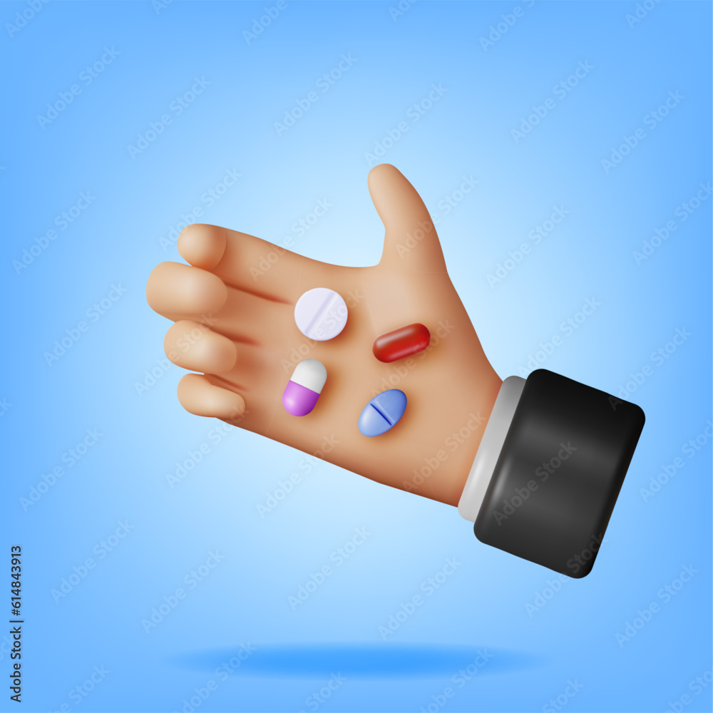 3D Classic Capsule Pill and Tablet Collection in Hand. Render Capsule ...