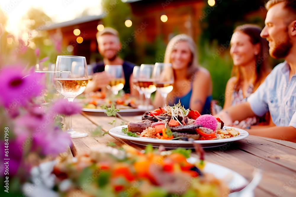 Gente feliz almorzando en una hermosa mesa en el jardín. Concepto de ...