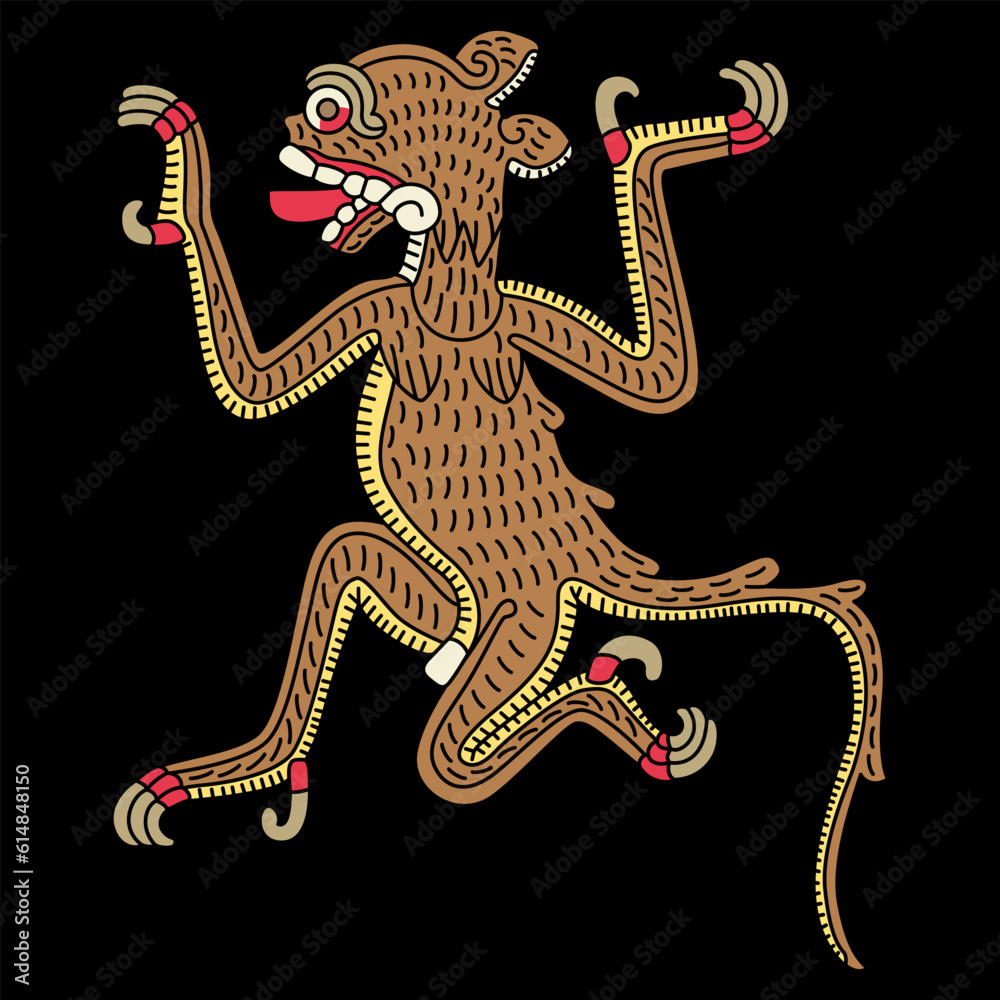 Stylized jaguar with talons and his tongue out. Native American art of ...