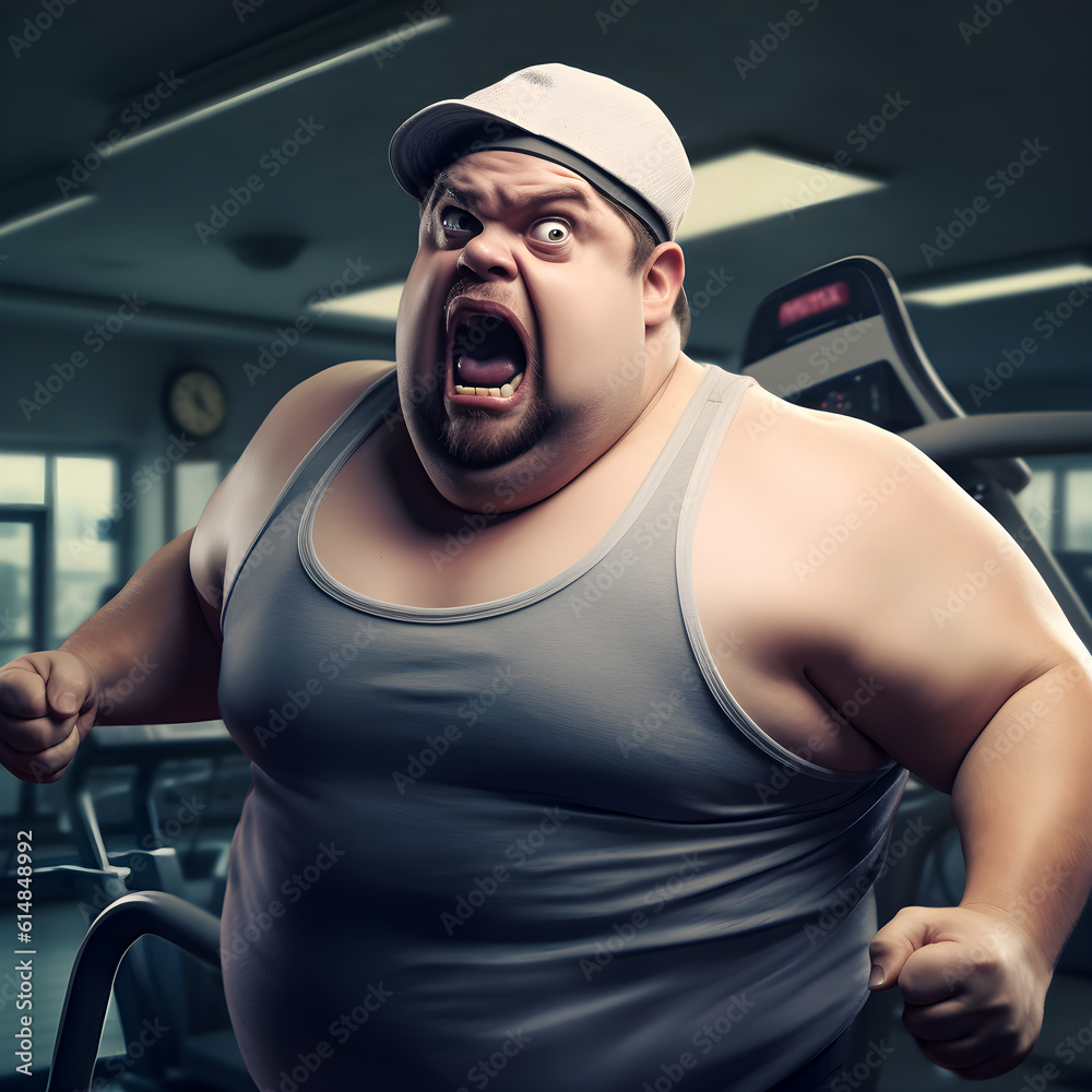 angry fat boy in gym different face emotions screaming large open mouth ...