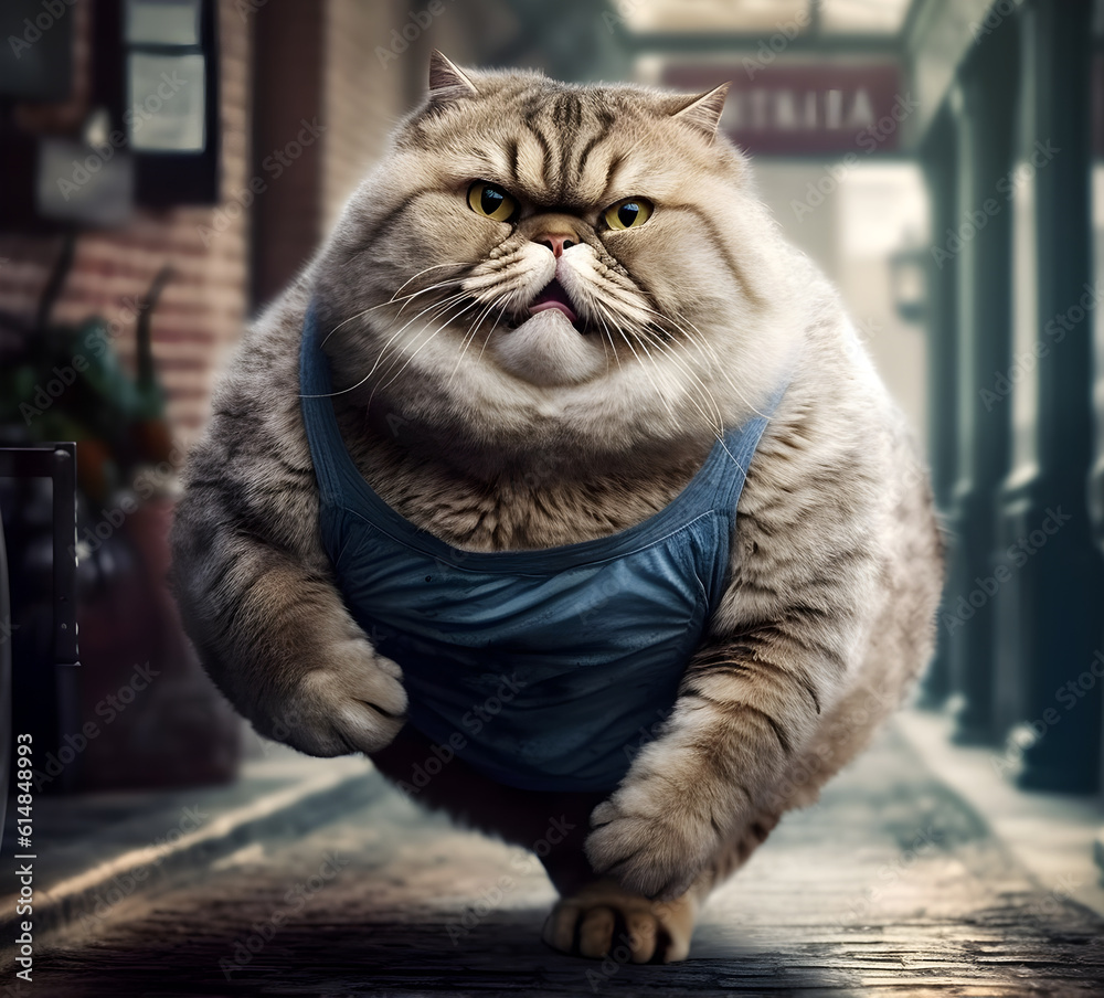fat angry hungry cat in fast food restaurant with burger and fried ...