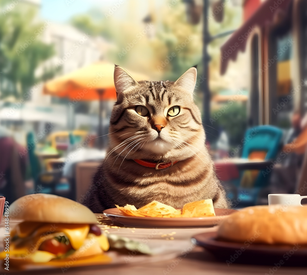 fat angry hungry cat in fast food restaurant with burger and fried ...