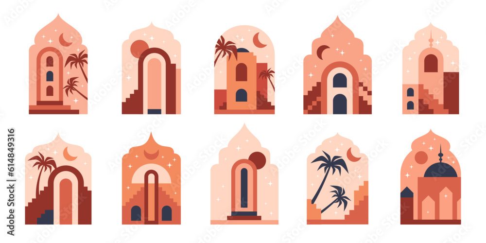 Oriental muslim windows. Islamic frames with mosque, palm trees and ...