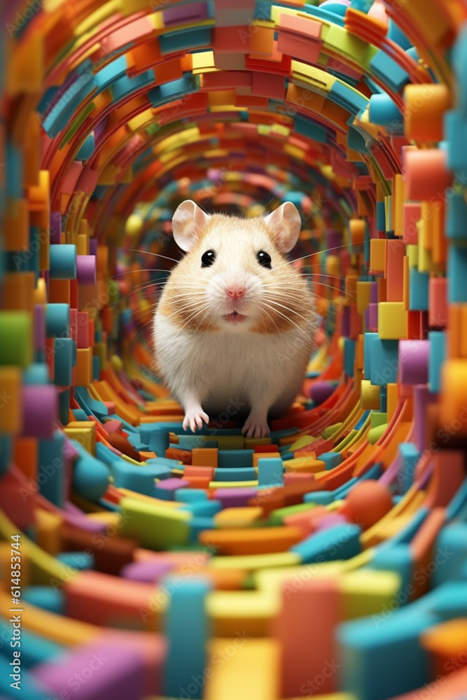 A hamster exploring a colorful maze in its cage, reflecting the ...