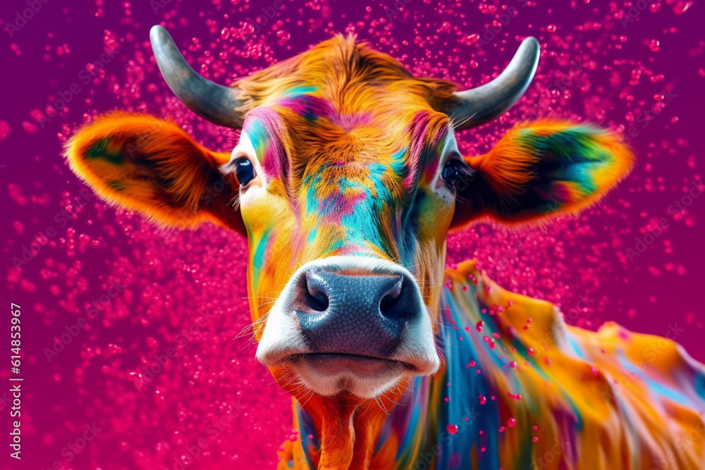 An vibrant photograph of a Cow splashed in bright paint, contemporary ...