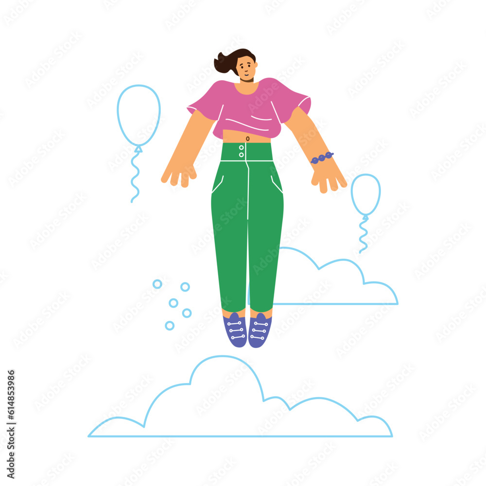 Vector isolated disproportionate character of woman flies in the air ...