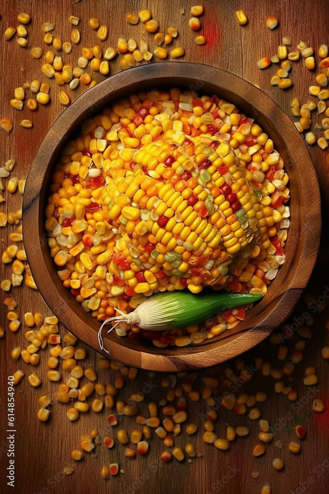An overhead shot of a wooden bowl filled with cooked maize corn ...