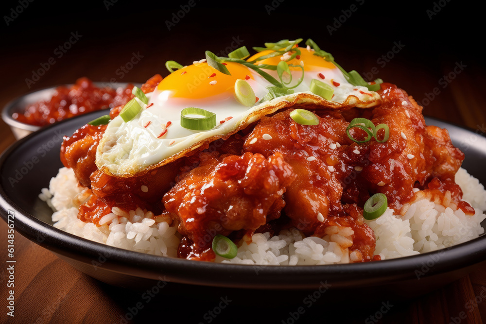 Korean fried chicken over rice topped with egg, sesame seeds and green ...