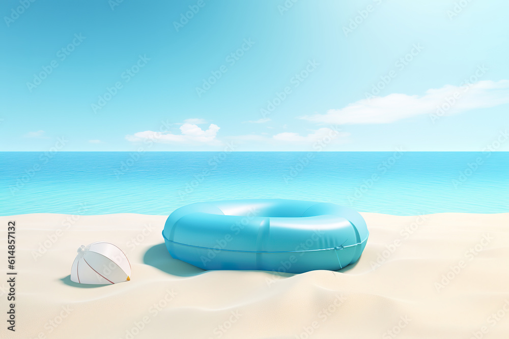Pool float on sand beach with blue background. Blue inflatable swim ...