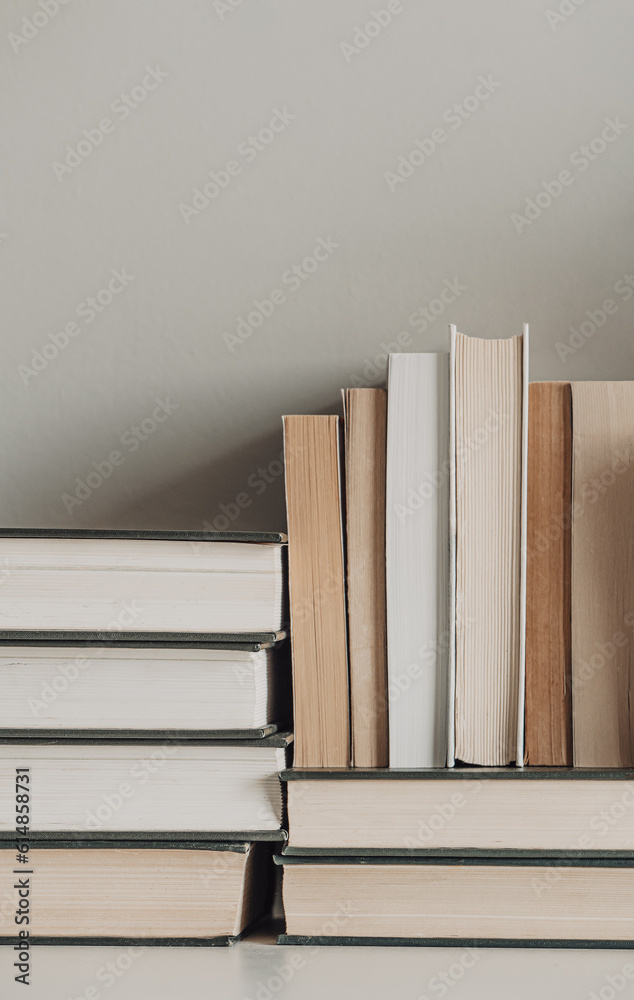 Light brown and neutral aesthetic book stack, background with copy ...