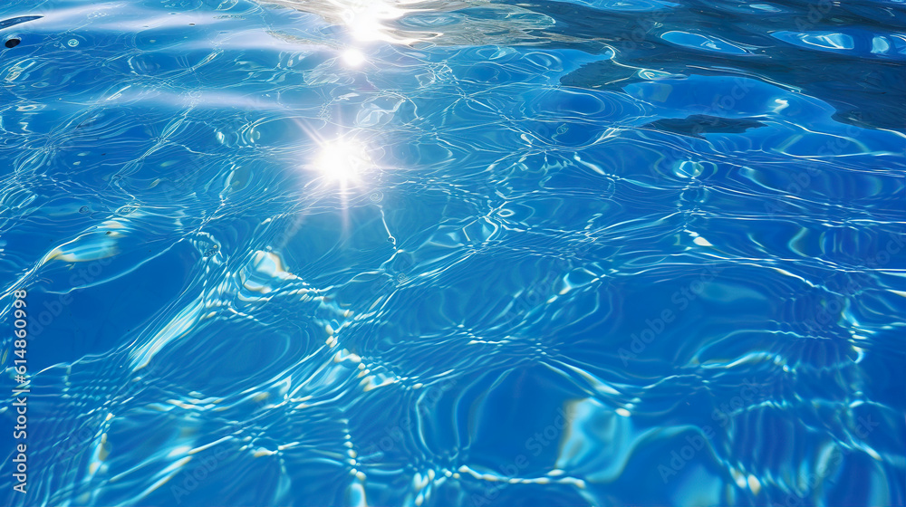 Crystal clear blue pool water surface with sunlight reflections ...