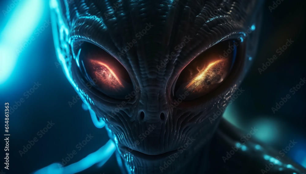 Futuristic cyborg alien with glowing blue eyes in spooky background ...