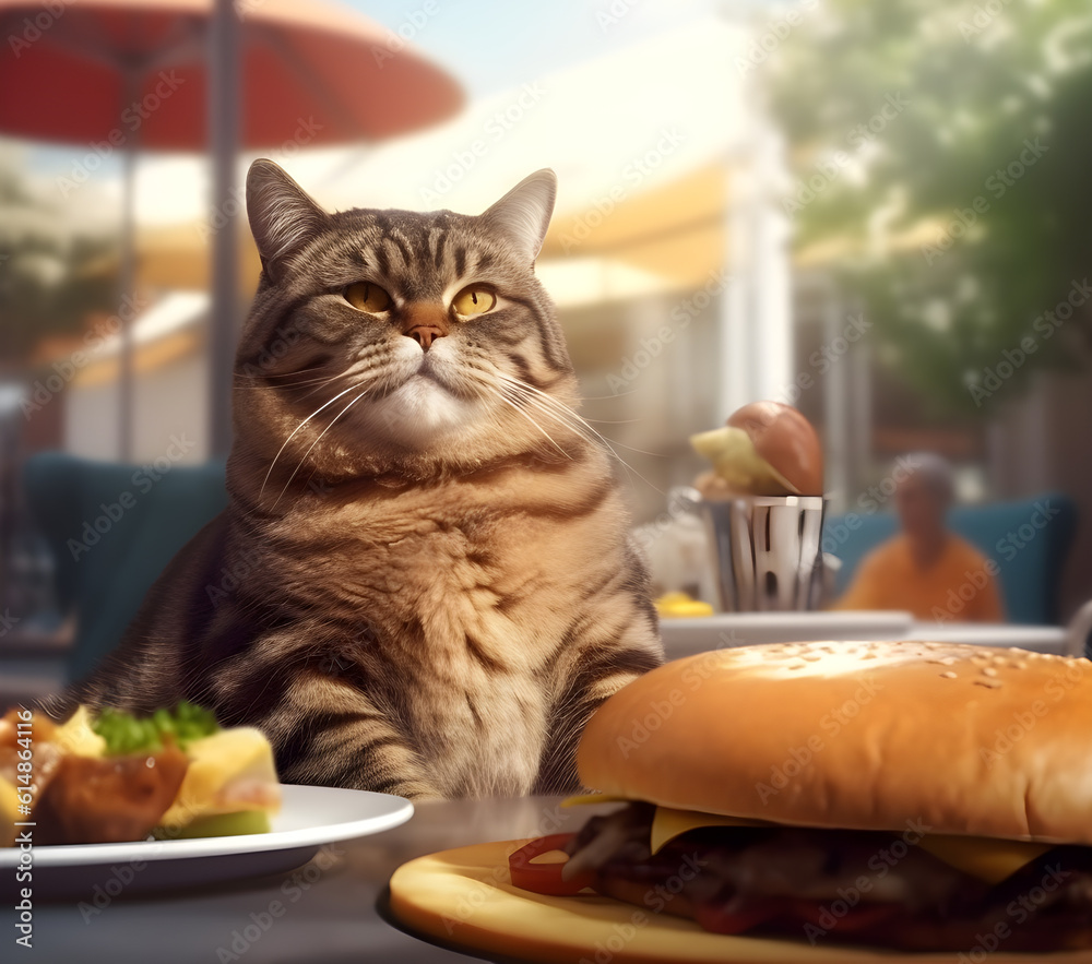 fat angry cat sitting with junk food in front,hamburger fried potatoes ...