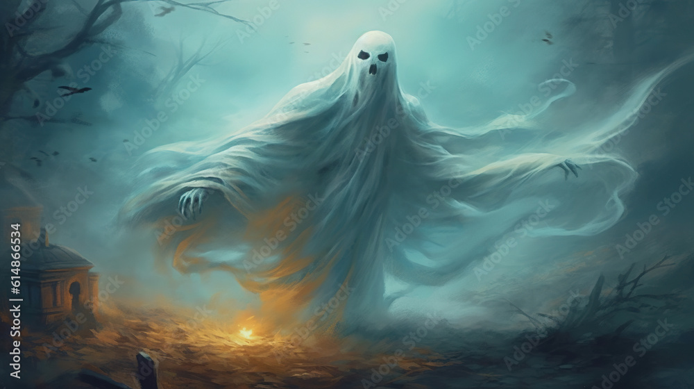 Spooky ghost running in misty forest. A fearful ghost in fluttering ...