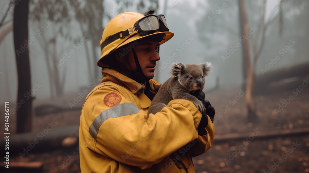 Firefighter holding on the hands koala after rescuing it from the fire ...