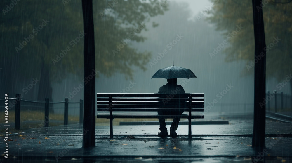 An image of depression showing a man sitting on an abandoned bench in a ...