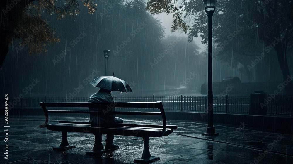 An image of depression showing a man sitting on an abandoned bench in a ...