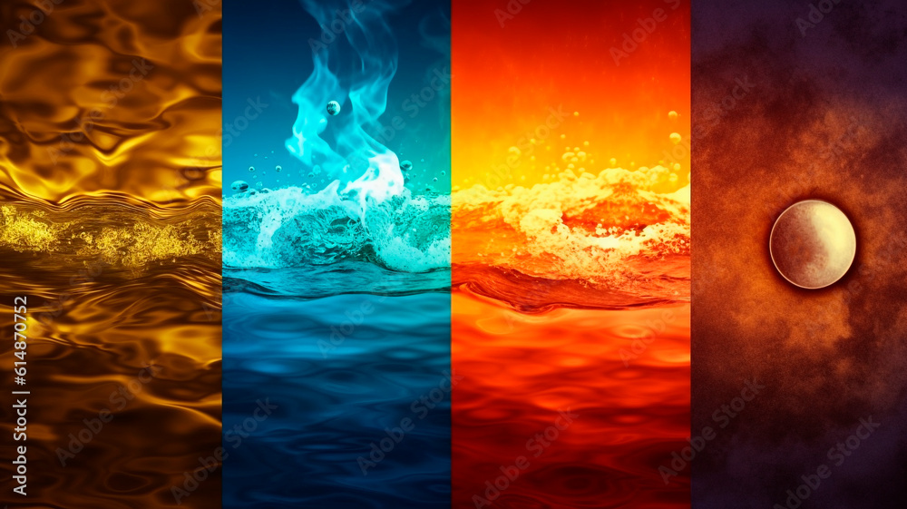 The four elements of fire, water, earth and air in hightextile, the ...