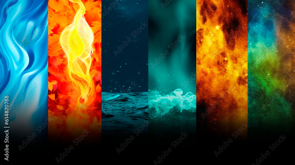 The four elements of fire, water, earth and air in hightextile, the ...