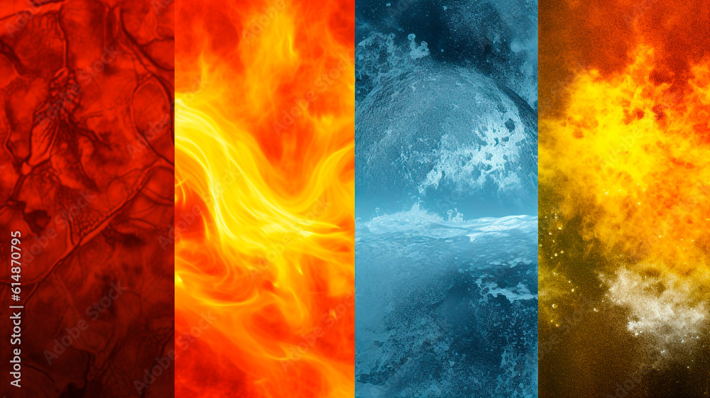 The four elements of fire, water, earth and air in hightextile, the ...