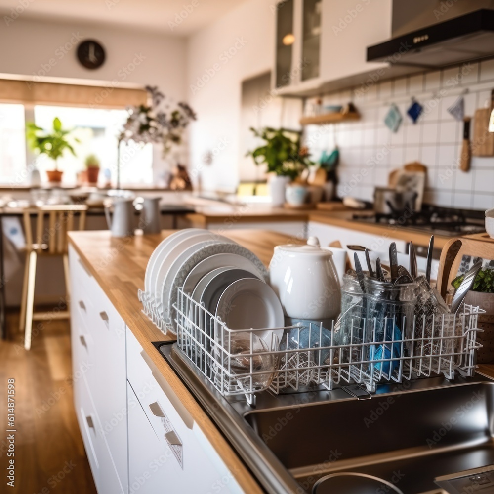 part of the kitchen. dishwasher with washed dishes, easy to use and ...